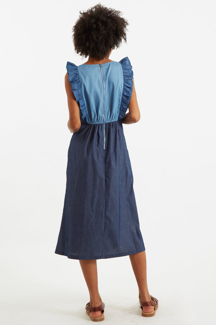 Rina Double Denim Sleeveless Midi Dress – JOY