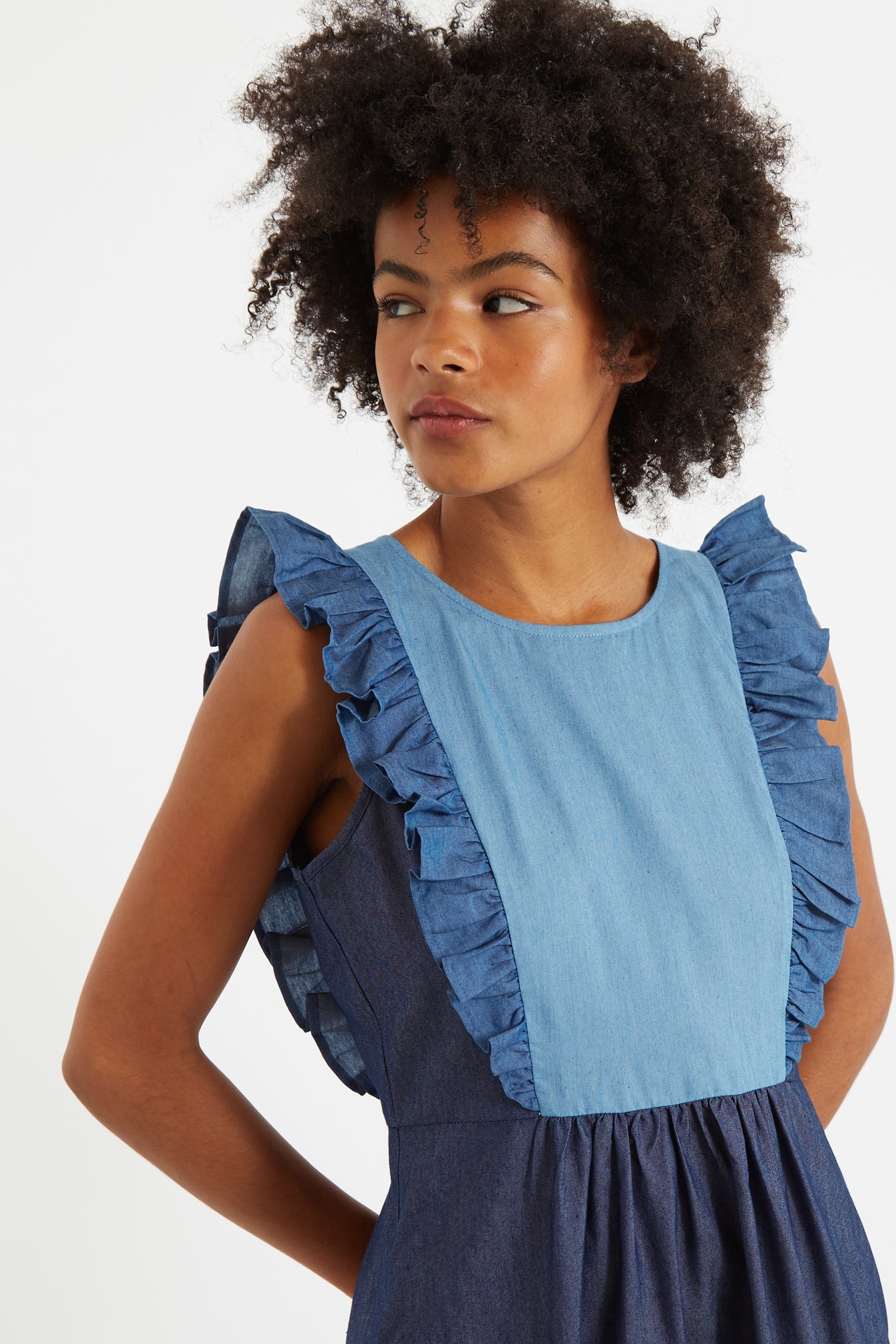 Rina Double Denim Sleeveless Midi Dress – JOY